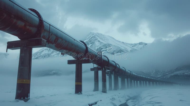 Long Pipeline Stretches through Snow Covered Mountains Under Cloudy Sky ...
