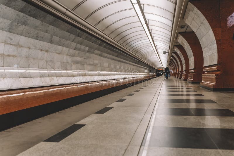 Long Platform of Underground, Station Interior. Abstract Perspective ...