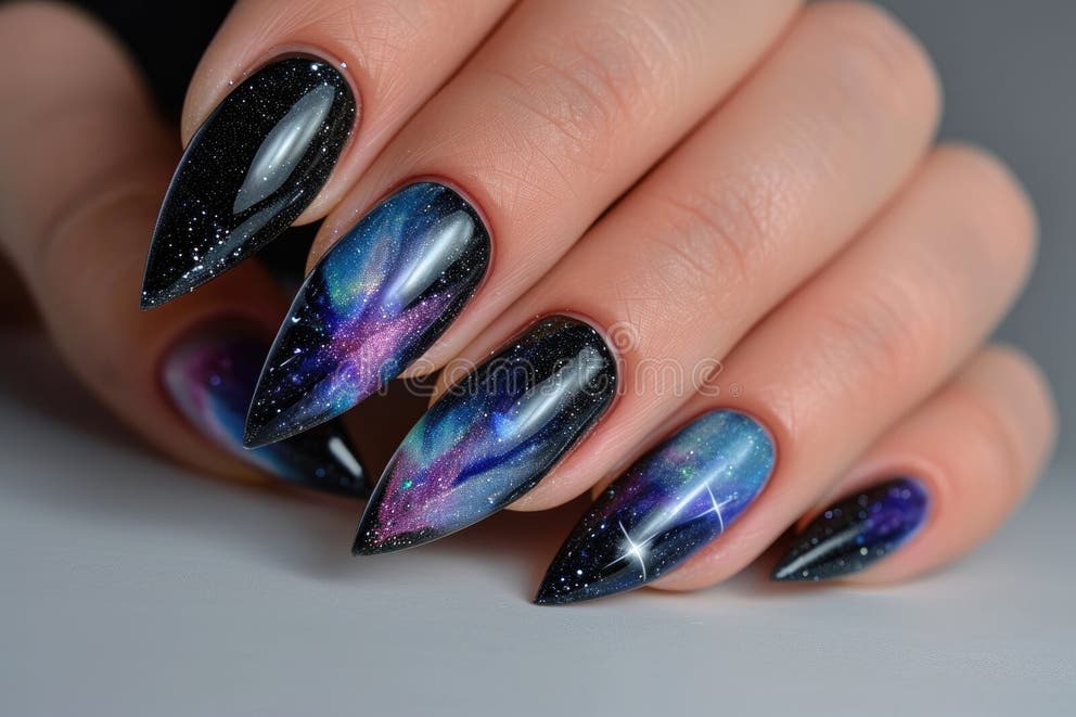 Long Pointed Nails with Shimmering Cosmic Pattern. Stock Illustration ...