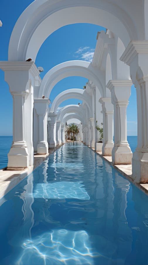 A Long Pool in a Building with Columns and Arches. Digital Image Stock ...