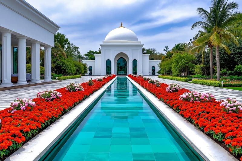 A Long Pool in Front of a White Building Surrounded by Flowers Stock ...