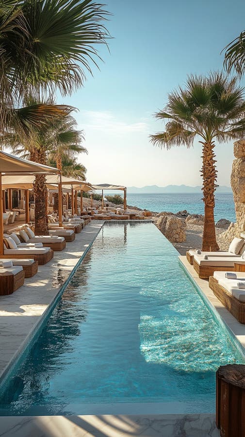 A Long Pool with Palm Trees and White Umbrellas Stock Photo - Image of ...