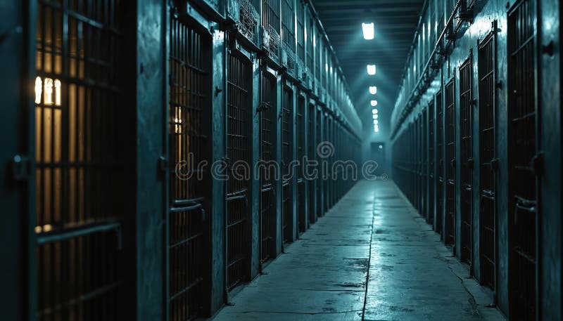 Long Prison Corridor with Cells. Rows of Cell Doors with Metal Bars ...