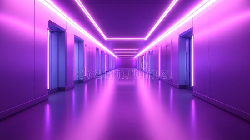 Long Purple Neon Lit Hallway Interior Stock Illustration - Illustration ...