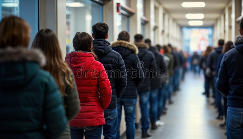 Long Queue of Adults Wait Inside. People Stand in Line. Diverse Crowd ... Long Queue of Adults Wait Inside. People Stand in Line. Diverse Crowd ...