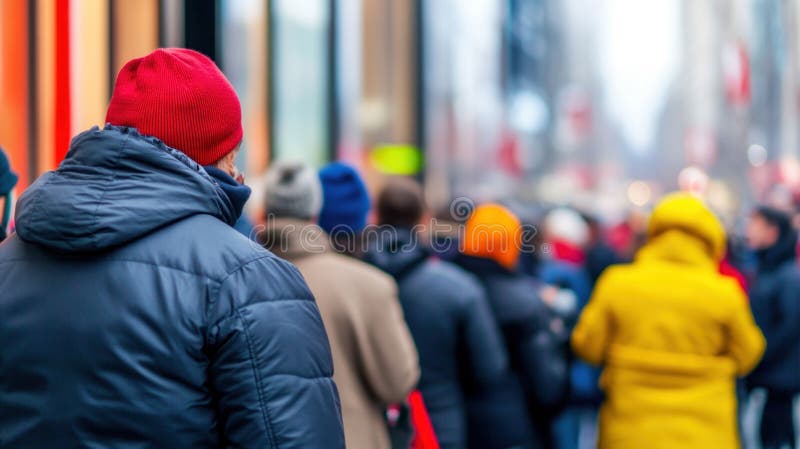 Long Queue of People Waiting Outdoors in Cold Weather Stock ...