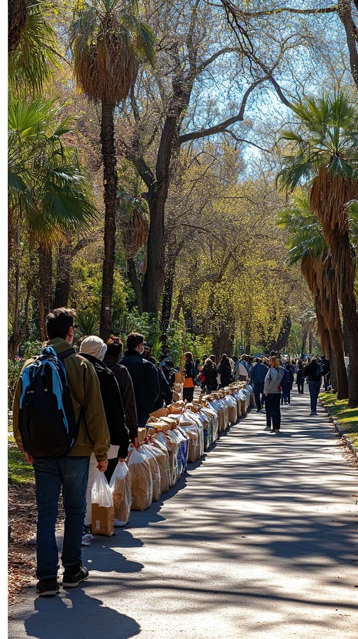 Long Queue of People Waiting Outdoors in a Park with Trees and Sunlight ...