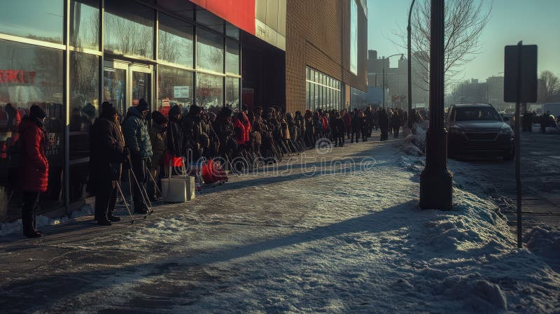 Long Queue of People Waiting Outside a Store on a Cold, Snowy Day Stock ...