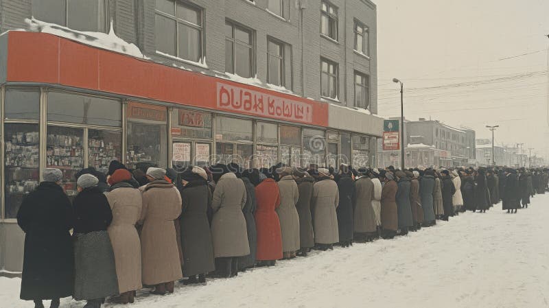 Long Queue of People Waiting Outside a Store on a Snowy Day Stock Photo ...