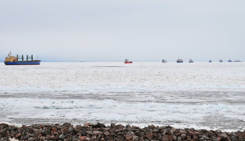 Long Queue of Ships on the Baltic Sea in Winter Stock Photo - Image of ...