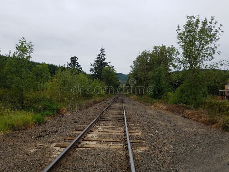 Long Railroad Track and Pebbles or Stones and Green Trees Stock Image ...
