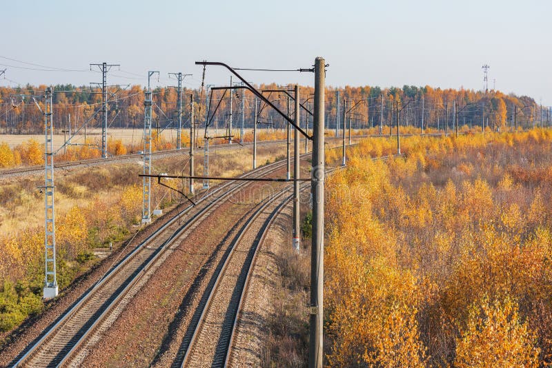Long Railway Station Tracks at Autumn Day Stock Image - Image of forest ...
