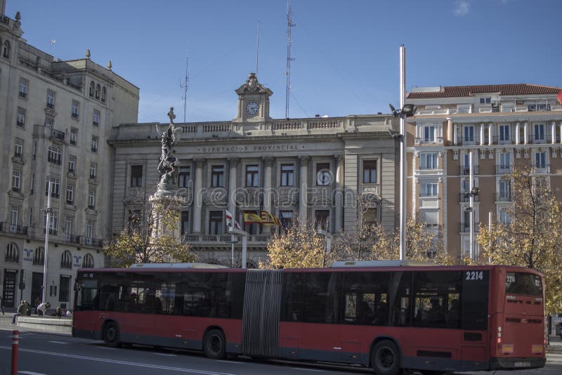 Long Red Bus in the Center of Madrid, Spain Stock Photo - Image of ...