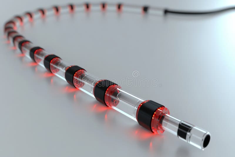 Long Red Data Cable with Transparent Connectors Arranged in a Spiral ...