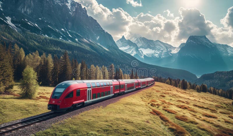 Red Train Traveling through Snow Covered Forest Stock Image - Image of ...