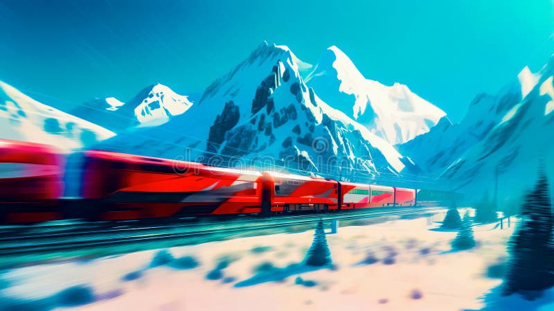 Long Red Train Traveling through Snow Covered Mountain Range with ...