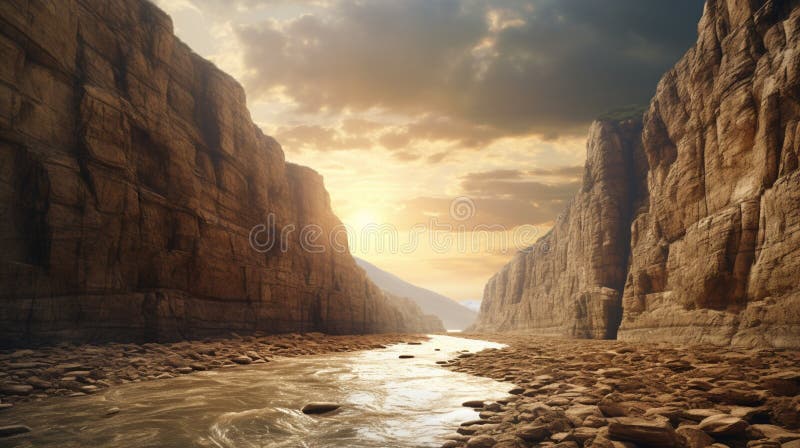 Long River between Huge Cliff with Ground Texture and Background. Wide ...