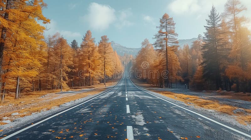 Long Road through Autumn Forest with Mountains Stock Illustration ...