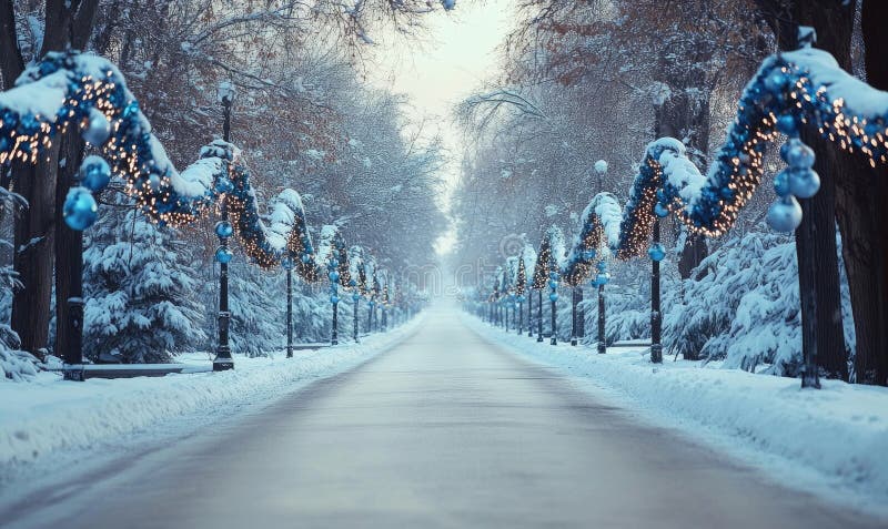 A Long Road with a Blue and White Christmas Wreath Stock Image - Image ...