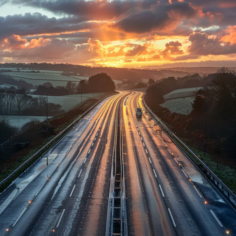 A Long Road with a Car Driving Down it. Stock Image - Image of driving ...