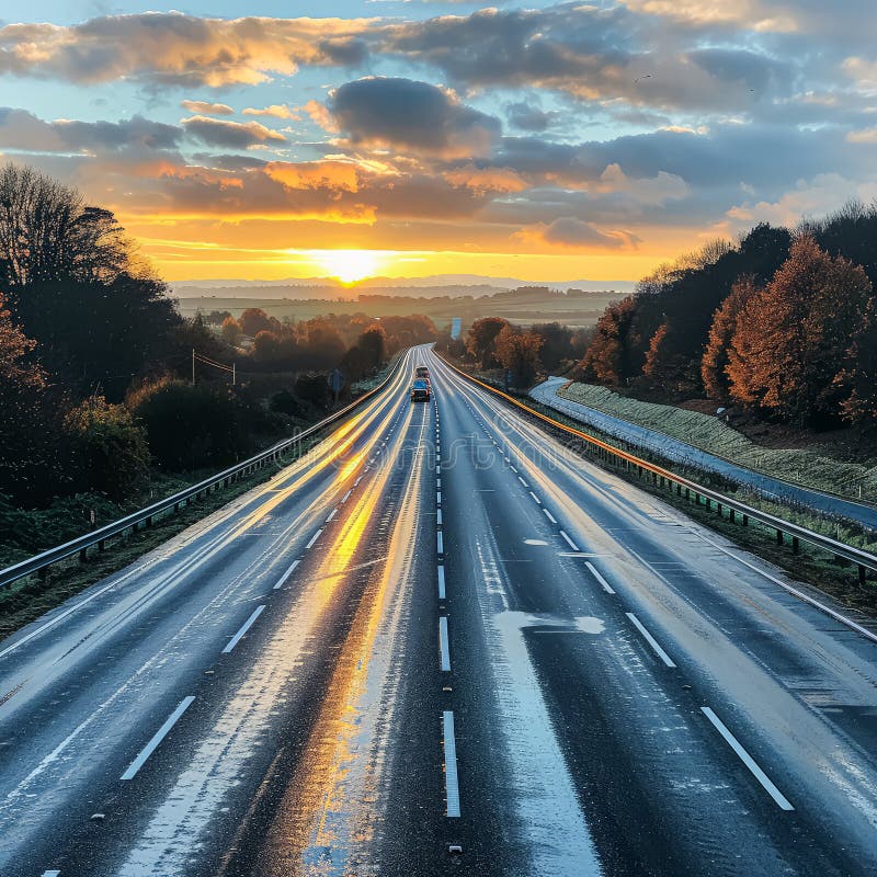 A Long Road with a Car Driving Down it. Stock Photo - Image of england ...