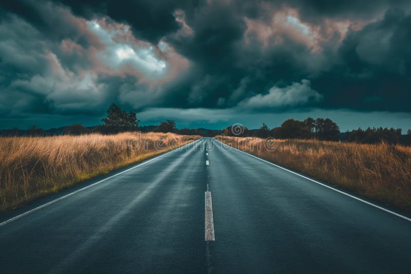 A Long Road with a Dark Sky and a Few Trees in the Background. Road To ...