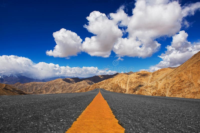 Long Road in Desert and Blue Sky Background Stock Image - Image of high ...