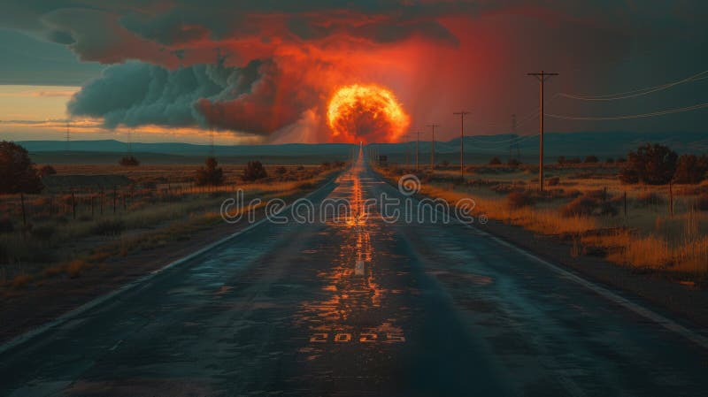 A Long Road Engulfed in a Massive Explosion. Generative AI. Stock Image ...