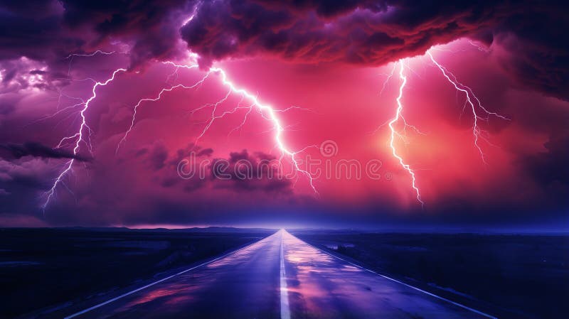 A Long Road with a Lot of Lightning in the Sky Stock Illustration ...