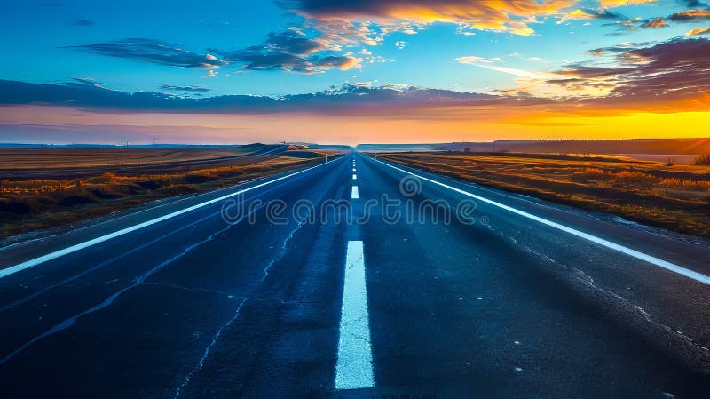 A Long Road with the Sun Setting in the Background Stock Photo - Image ...