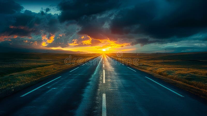 A Long Road with the Sun Setting Behind it Stock Image - Image of ...