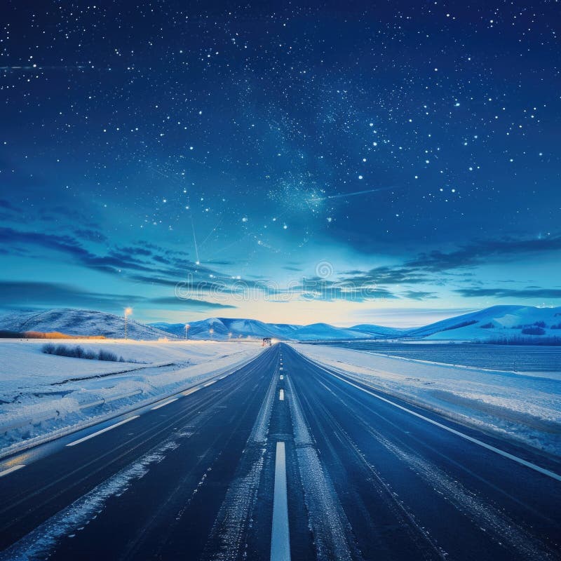 A Long Road Under a Clear Night Sky Filled with Stars Stock Image ...