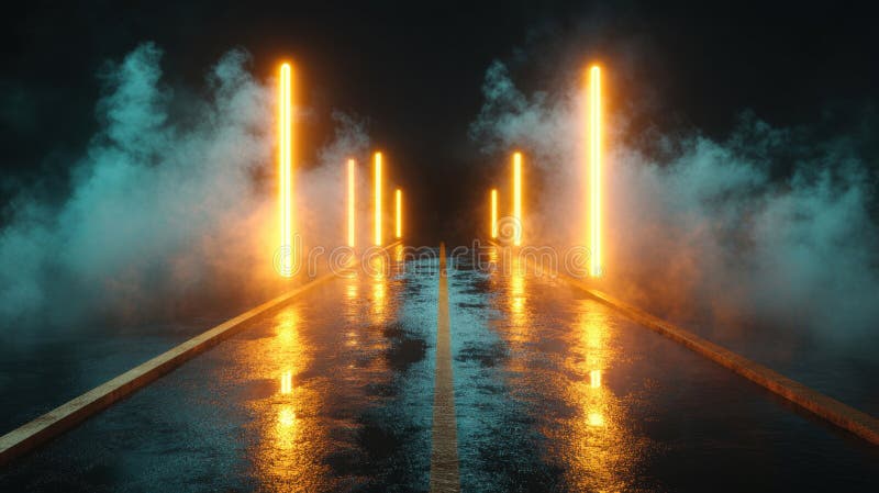 A Long Road with Yellow Lights on it Stock Illustration - Illustration ...