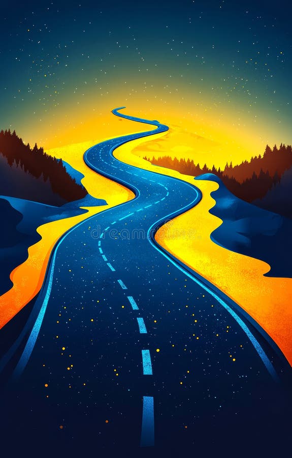 A Long Road with a Yellow Line and a Blue Line Stock Photo - Image of ...