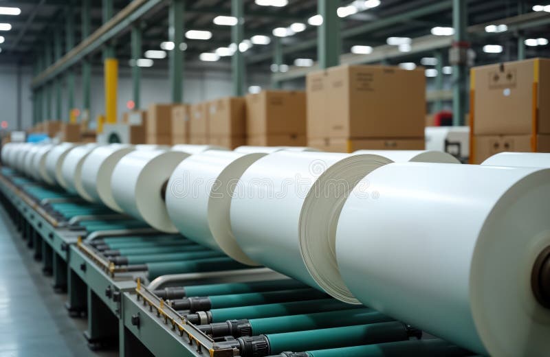 Long Rolls of Laminated Paper Move on Industrial Conveyor System ...