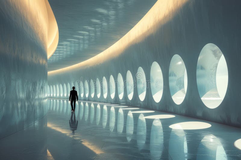 Long Room with Open Round Windows, Abstract 3d Render Stock ...