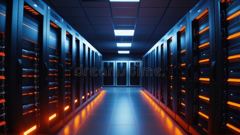 Long Room with Servers in Orange Colors Stock Image - Image of digital ...