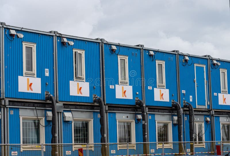 Long Row of Blue Barracks at a Construction Site.. Editorial Stock ...