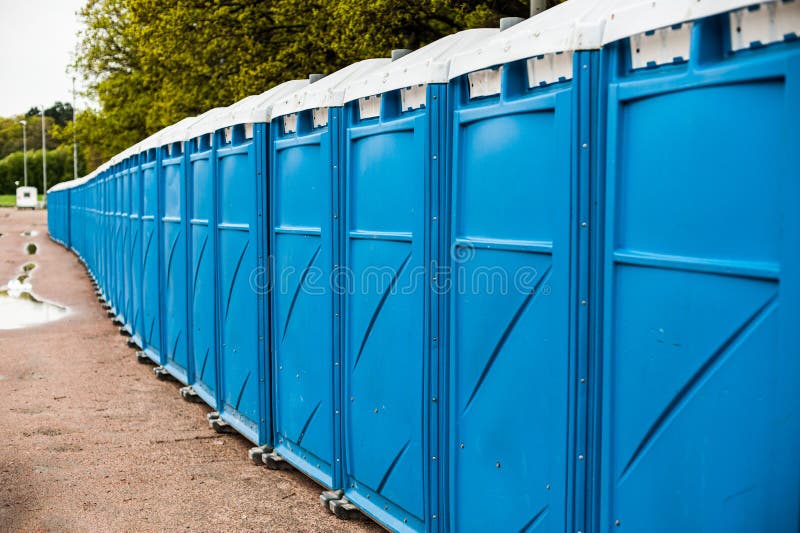 Long Row of Blue Portable Toilets.. Stock Photo - Image of people ...