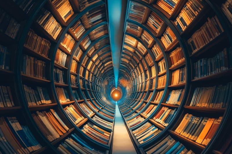 A Long Row of Books in a Library with a Light at the End Stock Image ...