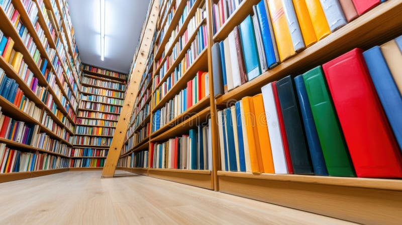 A Long Row of Bookshelves with Many Different Colored Books, AI Stock ...