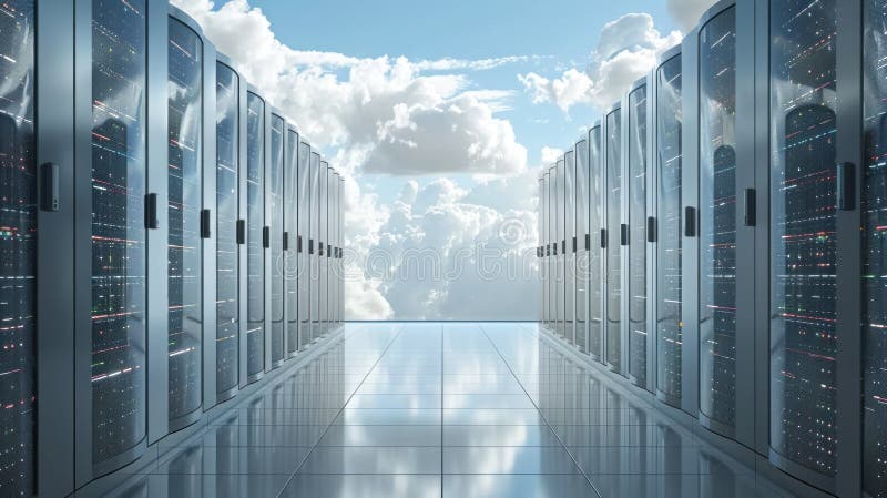 A Long Row of Computer Servers with a Cloudy Sky in the Background ...