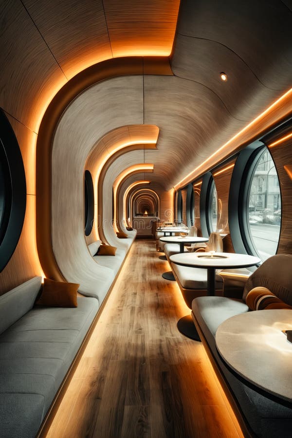 A Long Row of Couches and Tables in a Room with Round Windows ...