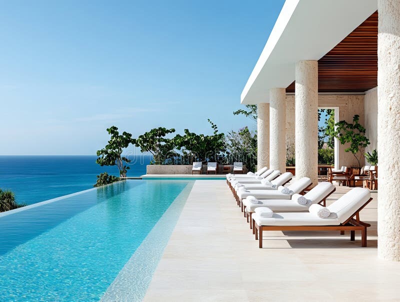 Long Row Lounge Chairs Next Swimming Pool View Ocean Stock Photos ...