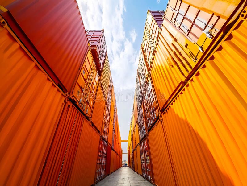 A Long Row of Orange Shipping Containers Lined Up Against a Blue Sky ...