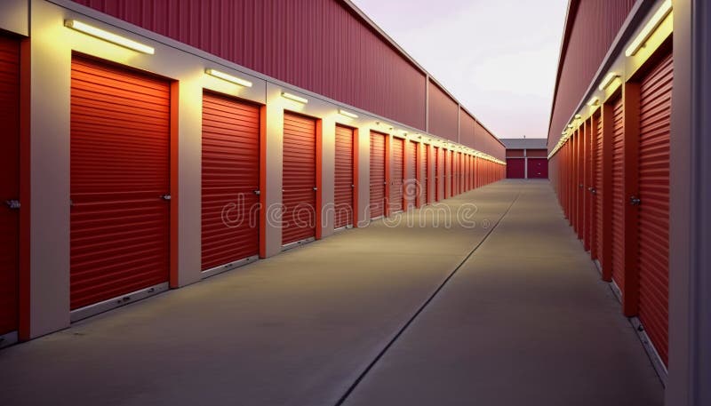 A Long Row of Red Color Doors of Modern Clean Storage Facility ...