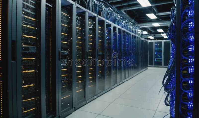 A Long Row of Server Racks in a Data Center with Lit-up Lights and ...