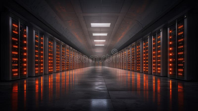 A Long Row of Servers with Glowing Red Lights. Stock Photo - Image of ...