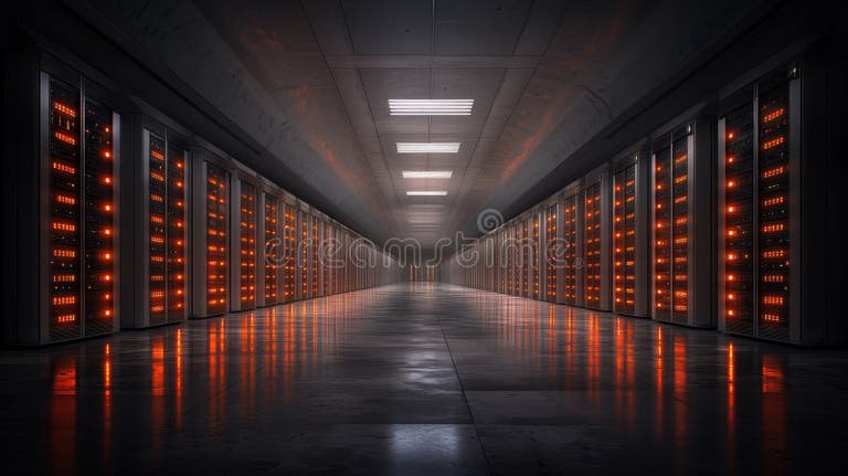 A Long Row of Servers with Glowing Red Lights. Stock Photo - Image of ...