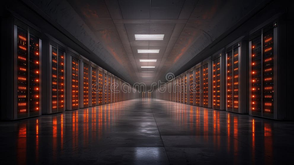 A Long Row of Servers with Glowing Red Lights. Stock Photo - Image of ...